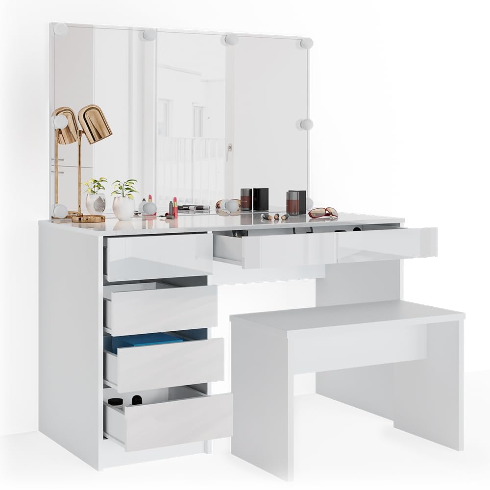 Vicco Dressing table "Sherry", White, 120 cm with LED lighting and ...