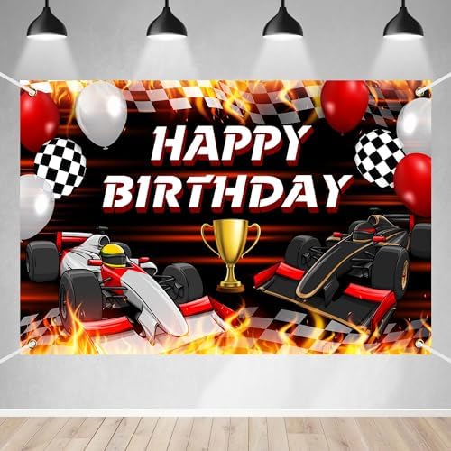 Amazon.com: Car Racing Happy Birthday Banner Backdrop Racing Checkered ...