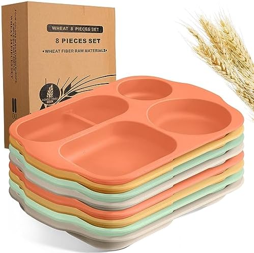Amazon.com | Pinkunn 12 Pcs 14'' Large Divided Plates Unbreakable Wheat ...
