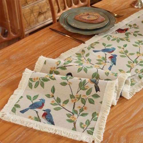 Alynsehom Birds Tree Branches Table Runner with Tassel, Cotton Linen ...