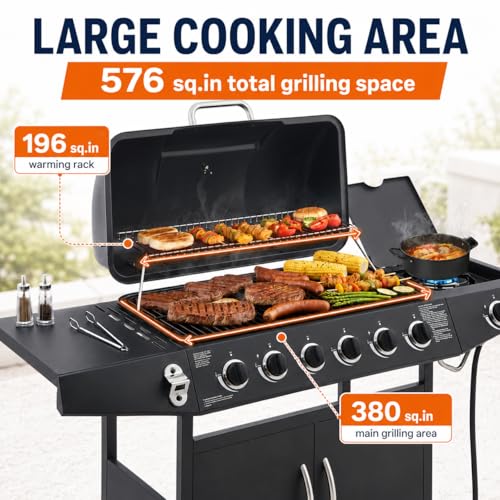 6-Burner Propane Gas Grill with Side Burner, 59,000 BTU Outdoor BBQ ...