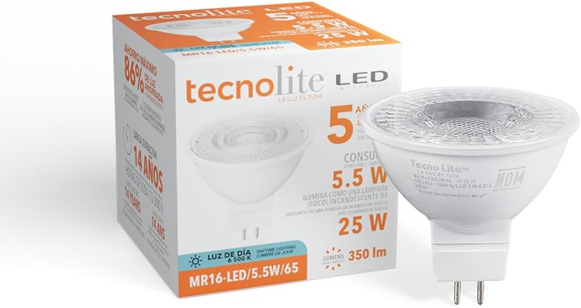 Tecnolite - Foco LED, Modelo: MR16-LED/3W/65H, Base Gx5.3, Foco Ahorrador, Base: GX5.3, Tipo de ...