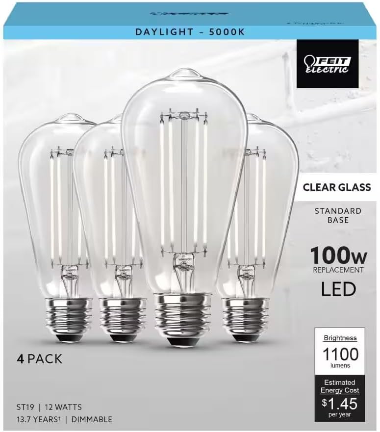 Feit Electric 100-Watt Equivalent ST19 Dimmable Straight Filament Clear Glass E26 Vintage Edison ...