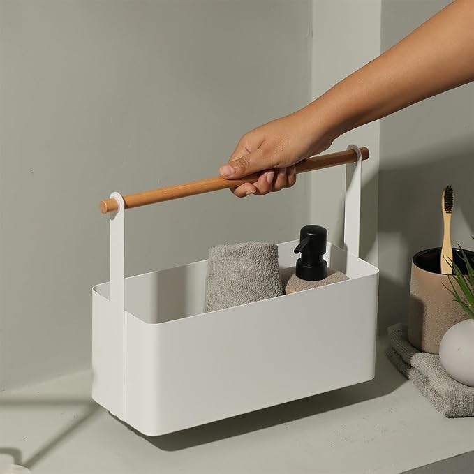 Enhabit Rectangular Storage Caddy with Wooden Handle | Multipurpose ...
