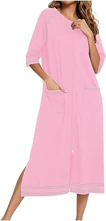Soft Cotton Robes for Women Zipper Nightgown Half Sleeve Full Length ...