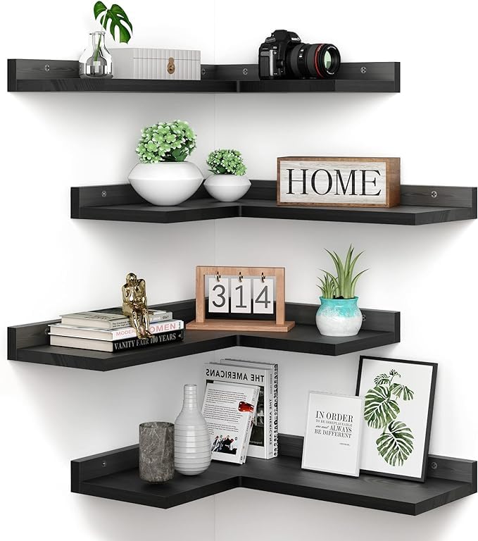 Runam Woods L-Shaped Floating Corner Shelves Set of 2, Solid Wood ...