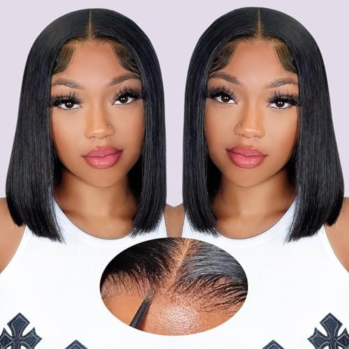 Amazon.com : 10 inch Straight Bob Wig Human Hair, Lace Glueless Front ...