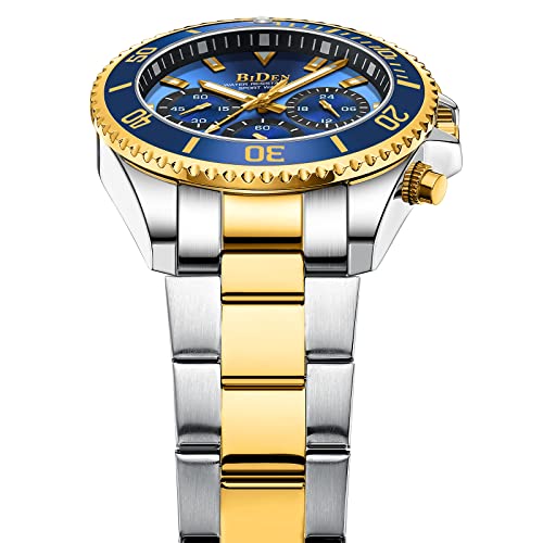 BIDEN Mens Watches Chronograph Gold Blue Stainless Steel Waterproof ...