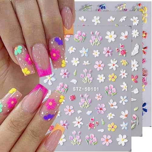 Amazon.com: 5D Embossed Flower Nail Art Stickers Decals 3D Self ...