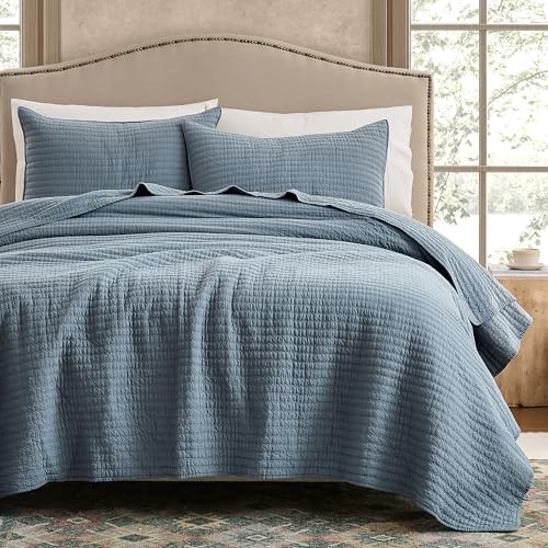 Amazon.com: WDCOZY 100% Cotton King Size Quilt Set - Blue Striped Pick ...