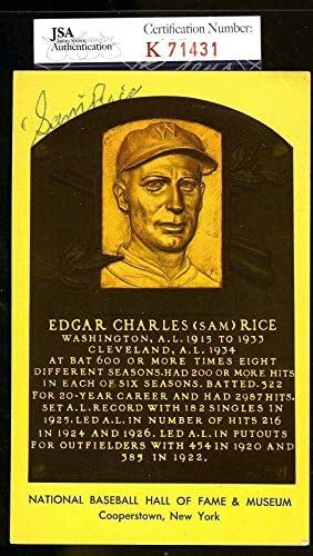 Sam Rice Jsa Authenticated Autograph Gold Hof Plaque Signed - MLB ...