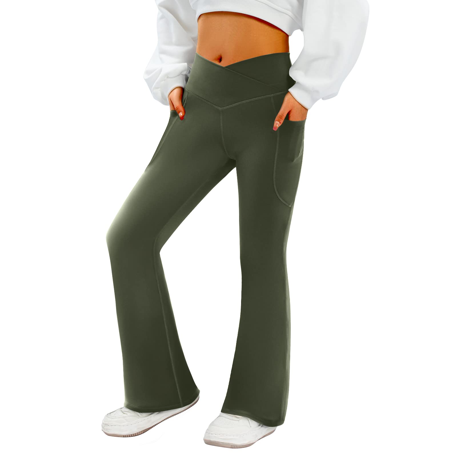 Amazon.com: COPYLEAF Women's Flare Yoga Pants with Pockets-V Crossover ...