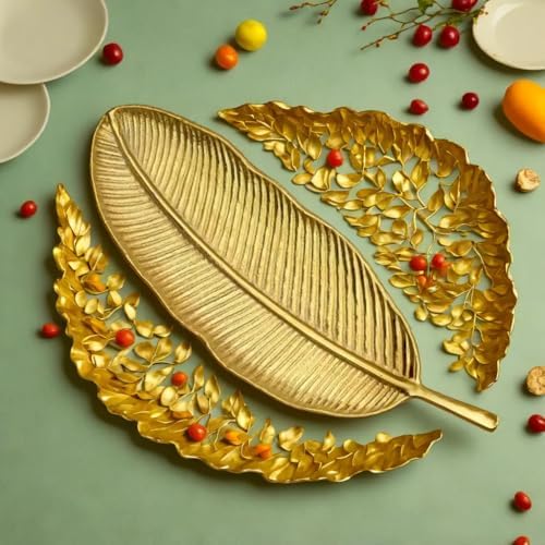 Buy HEYEARTH 14 Inch Gold Leaf Decorative Serving Tray Platter ...