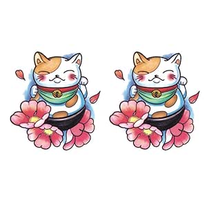 Amazon.com : 2 Cute Lucky Cat Tattoo Stickers Temporary Tattoos Fake ...