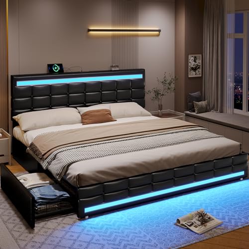ADORNEVE LED King Bed Frame with Storage Drawers, King Platform Bed ...