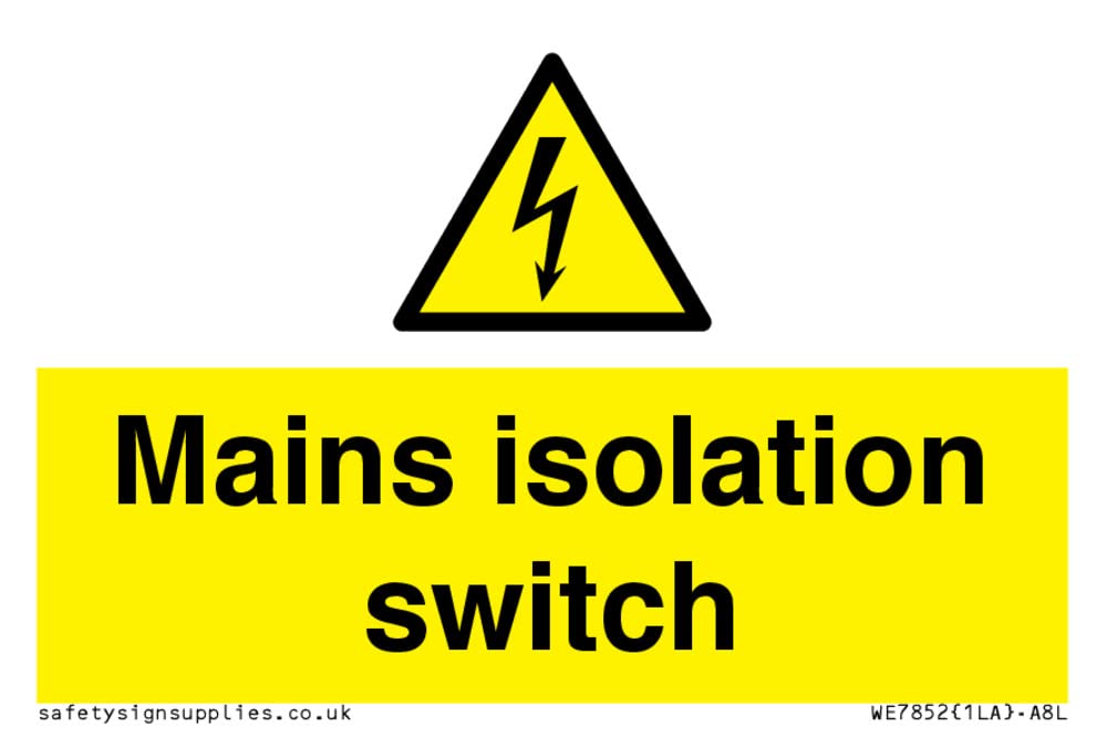 Viking Signs Mains isolation switch Sign - 75x50mm - A8L,Yellow/White ...