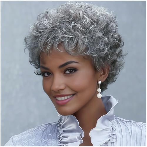 Amazon.com : XIUFAXIRUSI XIUFAXIRUSI Short Grey Curly Wigs for Women Synthetic Silver Gray Pixie ...