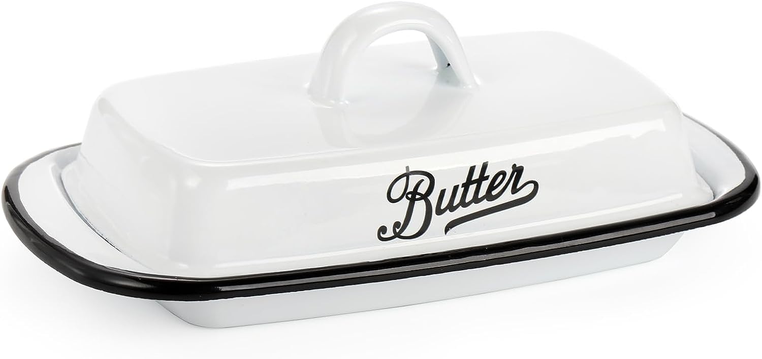 Suwimut Enamelware Butter Dish with Lid, Farmhouse White Butter Dish ...