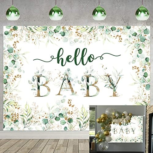 Hello Baby Backdrop for Baby Shower 5x3FT Gold Eucalyptus Greenery ...