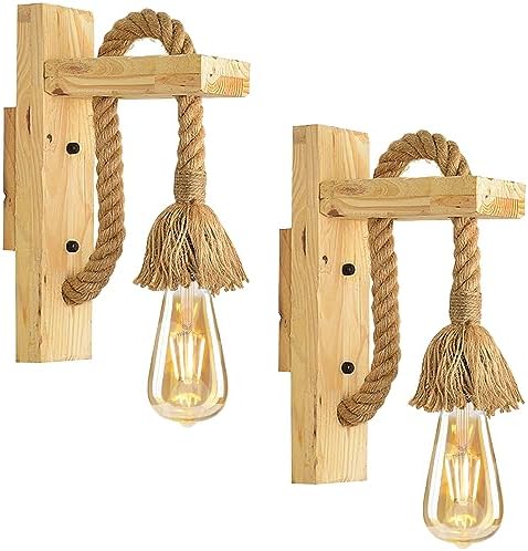 LEDSone Wood Hemp Rope Wall Lamp with Bulb,Industrial Vintage Wooden ...