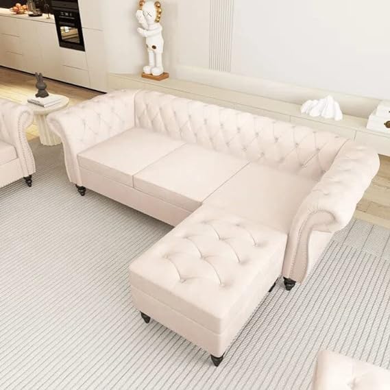 Expert wood Art ! Chesterfield 3+1 Footrest Stool Sofa Set Solid Sal ...