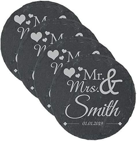 Personalised Engraved Heart Slate Wedding Coaster Mr&Mrs with Hearts ...