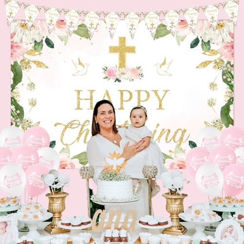 Sursurprise Christening Decorations Pink for Girls, Happy Christening ...