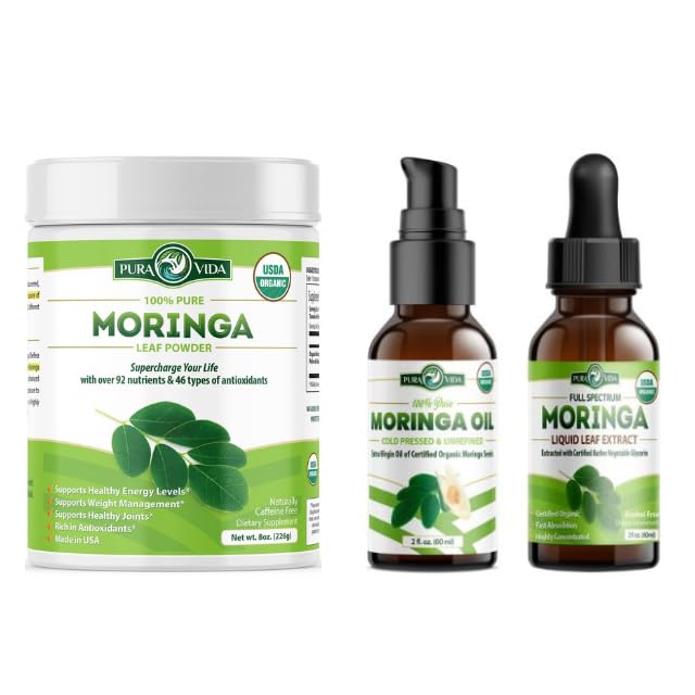 PURA VIDA MORINGA Pó de Moringa 227 g. Gotas de Extrato de Folha de ...