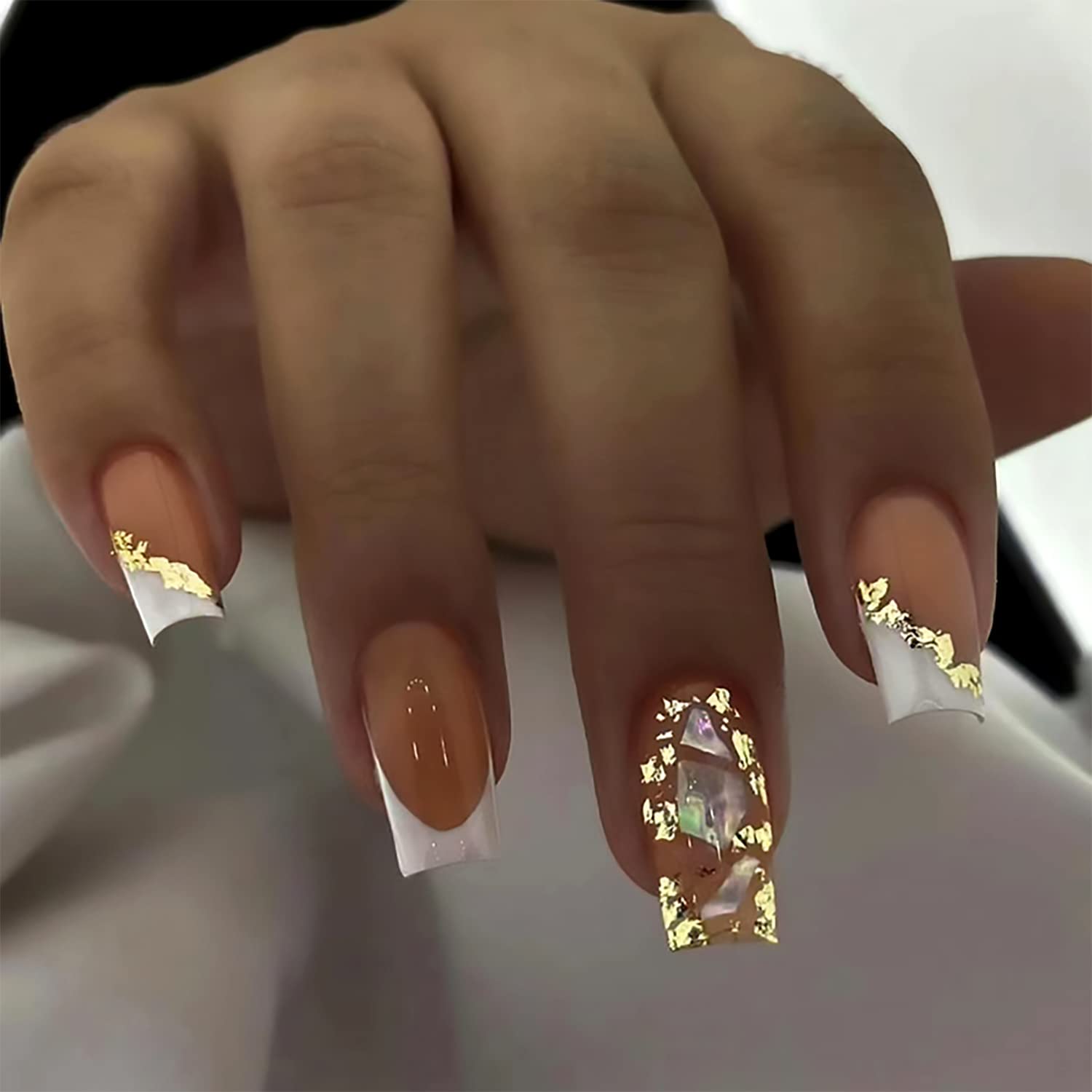 French Tip Press on Nails Medium Square Fake Nails Irregular Shape With Gold Glitter Designs ...