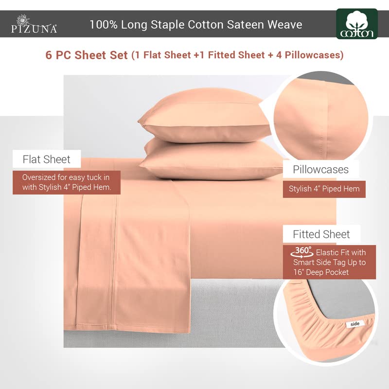 Pizuna Cotton 6 Piece King Size Sheets Set Coral Pink, 400 Thread Count ...