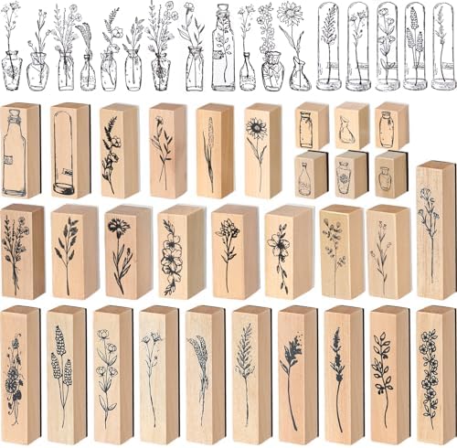Amazon.com: Marspark 31 Pieces Vintage Wooden Rubber Stamps Flower ...