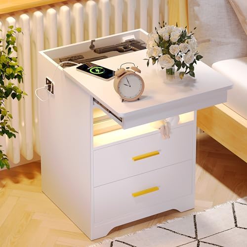 Amazon.com: Nightstand with Gun Drawer Charging Bedside Table with USB ...