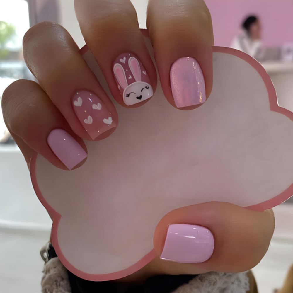 Amazon.com: Easter Fake Nails Pink Press on Nails Short Square Shape ...