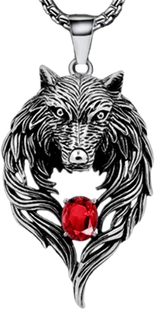 Fenrir Viking Wolf Head Necklace Chain Red Jewel Gem Dragon Mjolnir Men's Medallion NW Wolfpack ...
