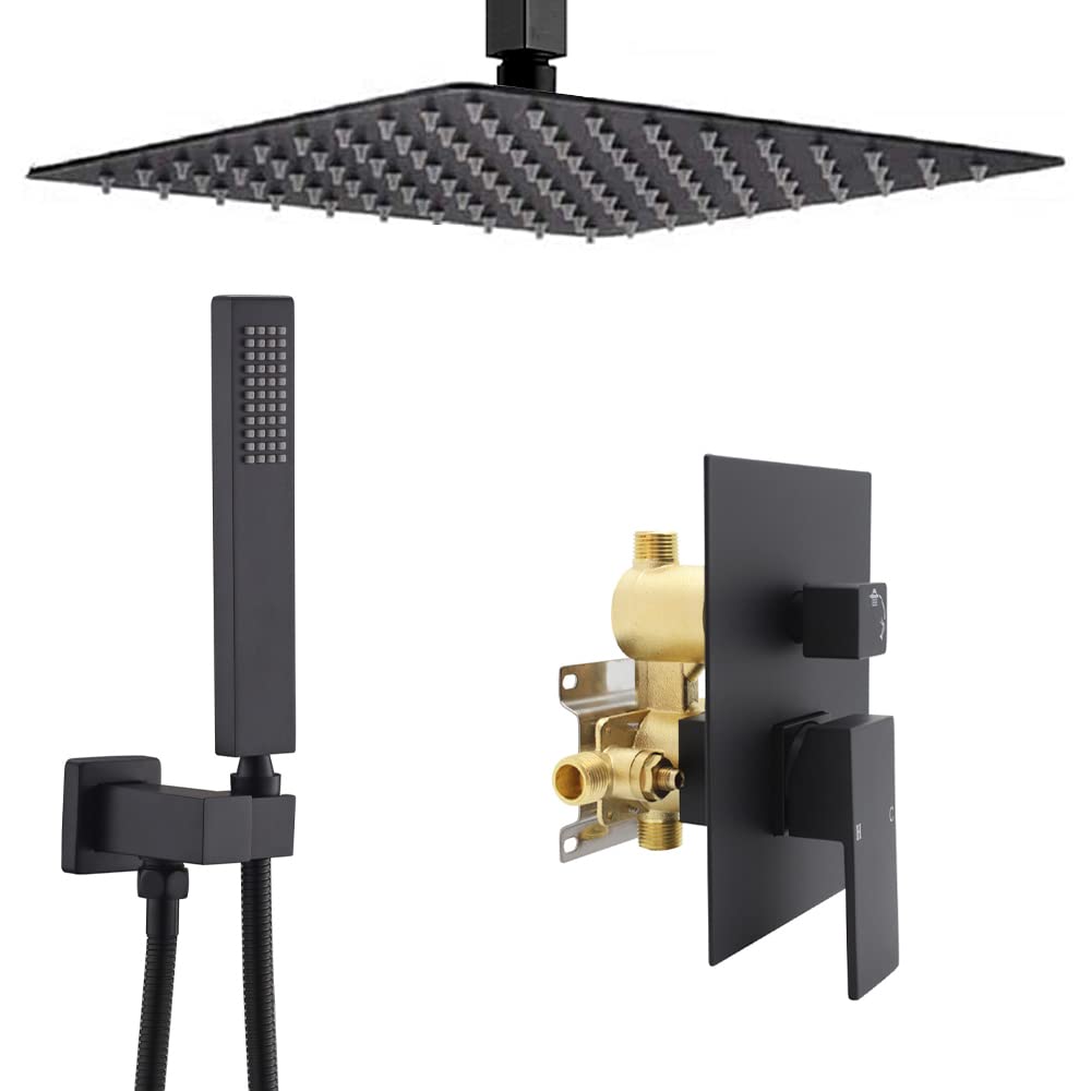 NPYSVSSS Matte Black Full Body Rain Shower System 16 Inch Ceiling Mount Dual Function Shower ...