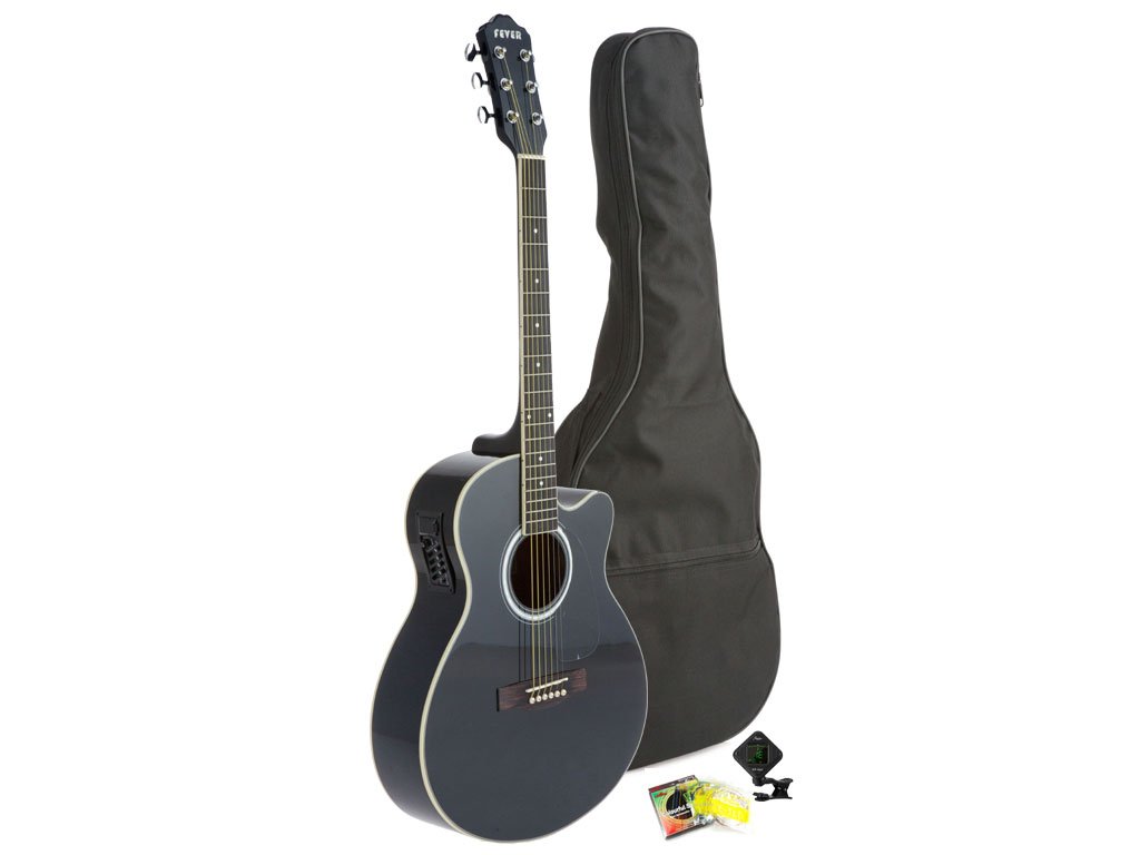 Fever Full Size Jumbo Body Steel String Acoustic-Electric Guitar Black ...