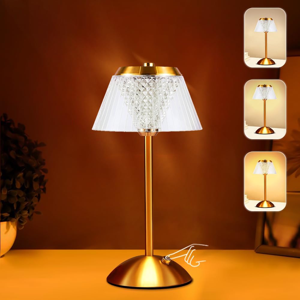 Portable Crystal Table Lamp,3 Color Touch Control Rechargeable Lamp,3 ...