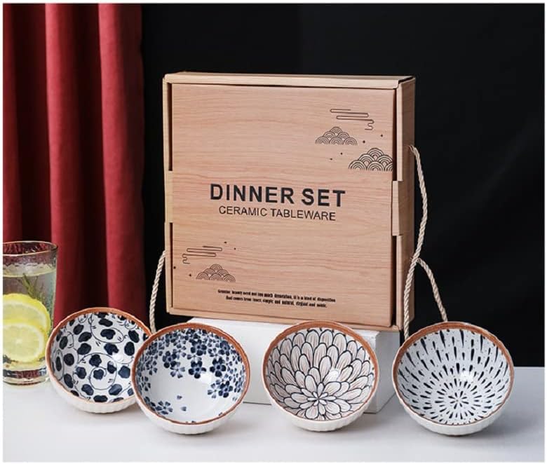 RYHMHA Japanese Rice Bowl Set, 10 oz Thick Blue and White Porcelain ...