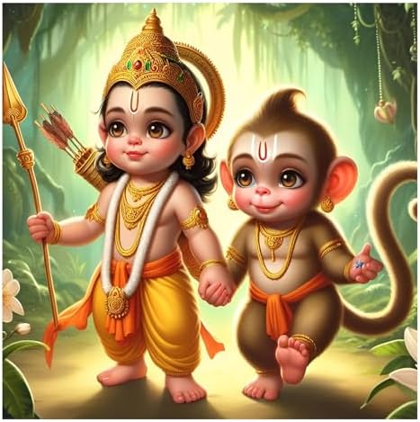 Omdecor Baal Ram With Waner Roop Hanuman Ji God Wall Poster For Pooja ...