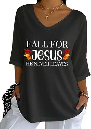 Women's Fall for Jesus He Never Leaves Print T-Shirt Fall Christian ...