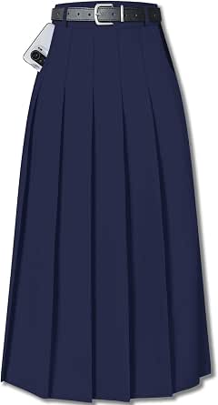 Amazon.com: SANGTREE Women's Long Pleated Skirt with Pockets, High ...