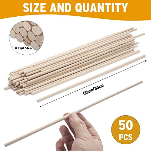 RSXING Round Wooden Dowel Natural Wooden Dowels Rods 50 PCS 1/4 x 12 ...