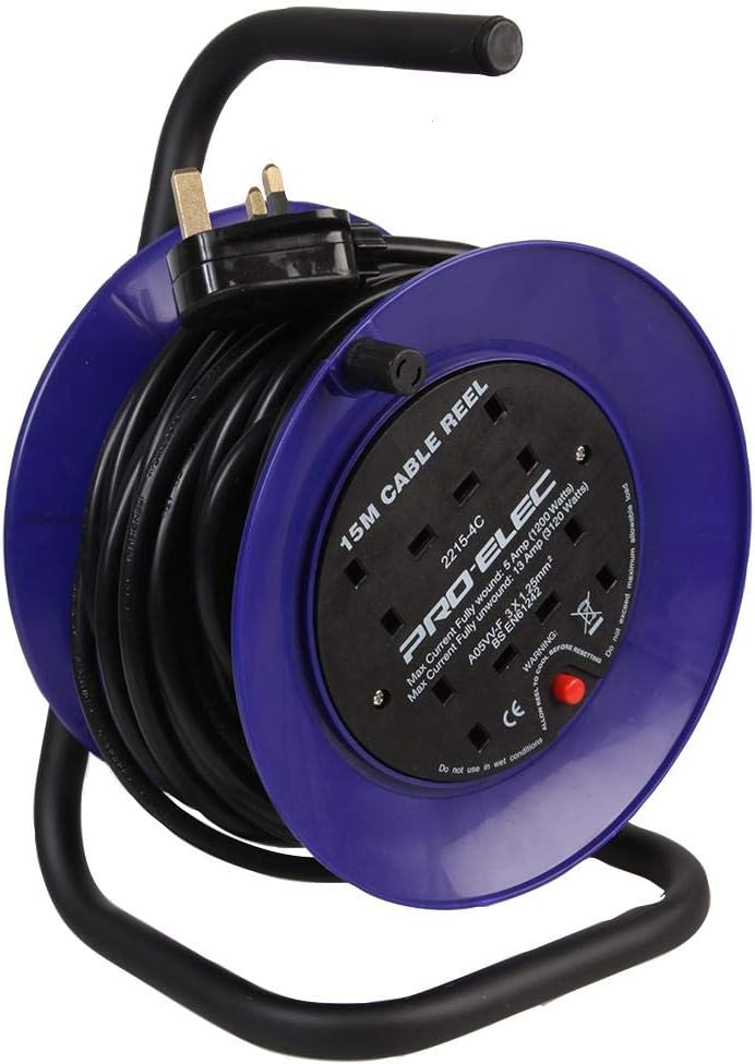 PRO ELEC PEL01273 4-Gang Mini Cable Reel Mains Extension, 10m,Black ...