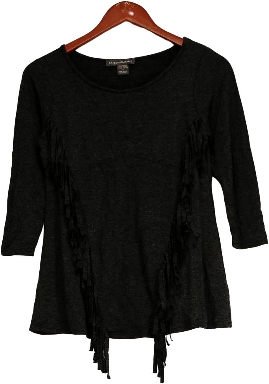 Kate & Mallory Top Size S 3/4 Sleeve Front Fringe Detail Gray Womens ...