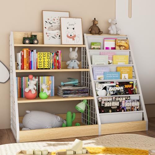 Amazon.com: oneinmil 4 Tier Kids Wooden Bookshelf with Drawer, Five ...