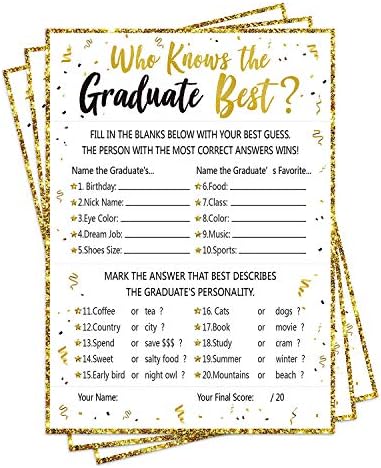 Amazon.com: 30 Graduation Party Game Cards Black Gold Glitter Shaped ...