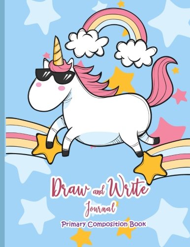 Draw and Write Journal: Primary Composition Book: Hand-drawn Unicorn with Sunglasses Primary ...