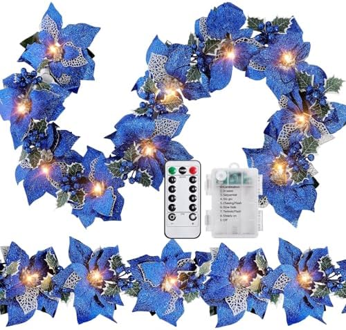 Amazon.com: Zubebe 2 Pcs Prelit Poinsettia Winter Garland with String ...