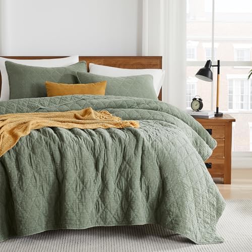 Amazon.com: palassio Olive Green King Size Quilt Set, Muslin Cotton ...