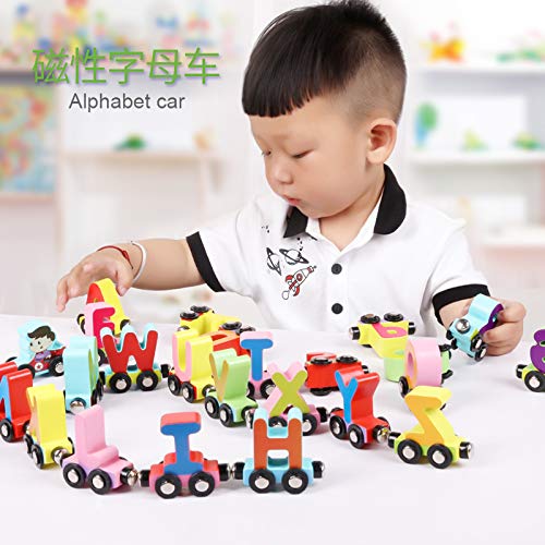 QUOXO Wooden Trackless Trains Set, Alphabets Numbers Magnetic Train ...
